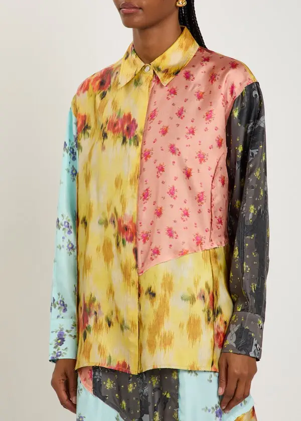 GANNI Panelled Floral Print Silk Shirt