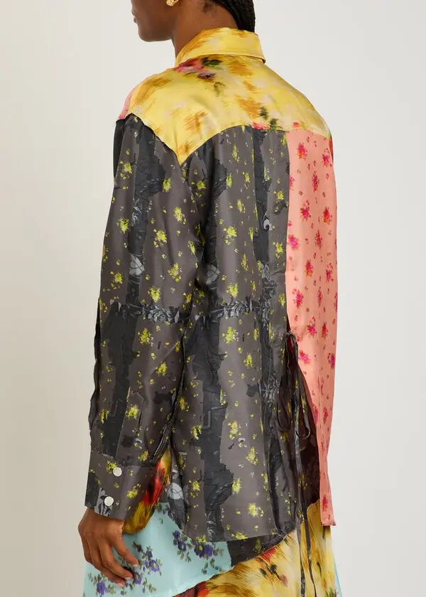 GANNI Panelled Floral Print Silk Shirt