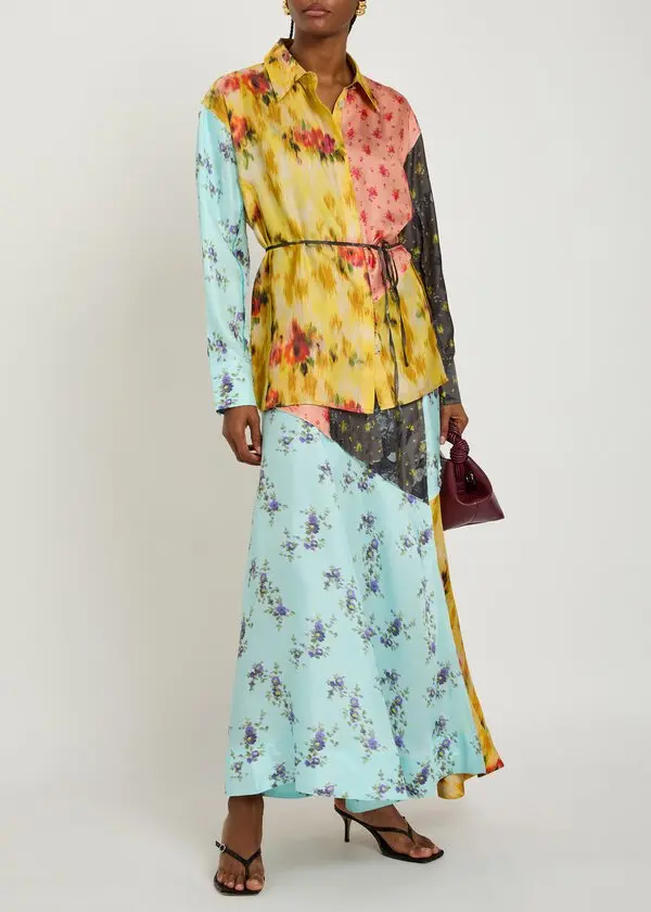 GANNI Panelled Floral Print Silk Shirt