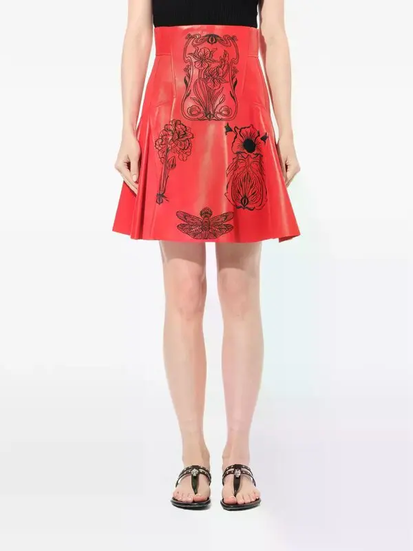 Alexander McQueen Embroidered Leather A-line Skirt