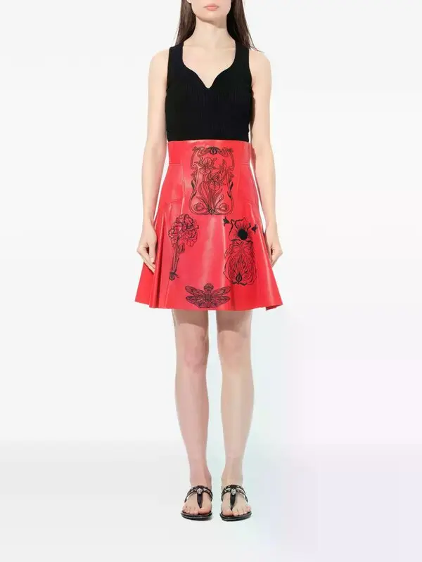 Alexander McQueen Embroidered Leather A-line Skirt