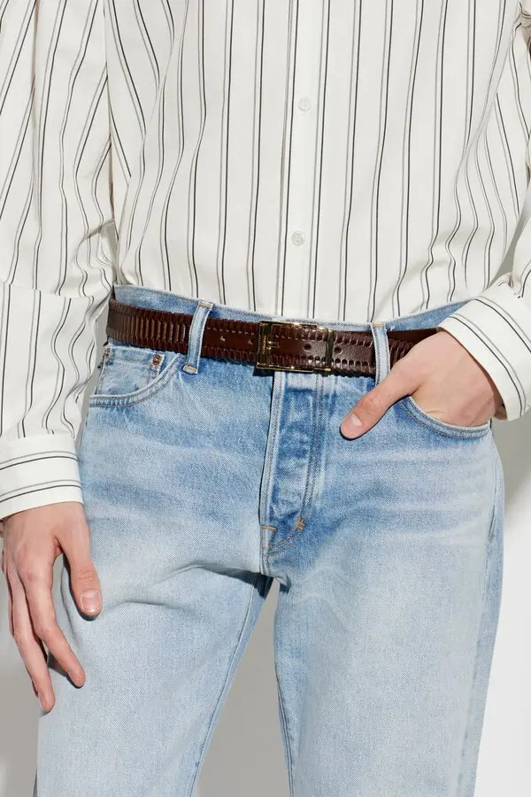FERRAGAMO Leather Belt With Gold Buckle - Brown