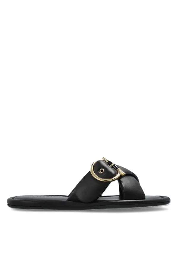 FERRAGAMO Elyzia Leather Slides With Gold Buckle - Black