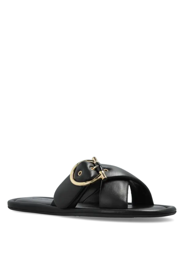 FERRAGAMO Elyzia Leather Slides With Gold Buckle - Black
