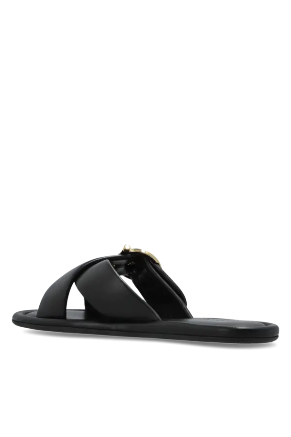 FERRAGAMO Elyzia Leather Slides With Gold Buckle - Black