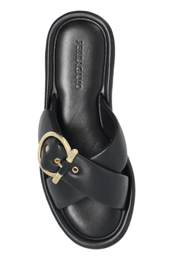 FERRAGAMO Elyzia Leather Slides With Gold Buckle - Black