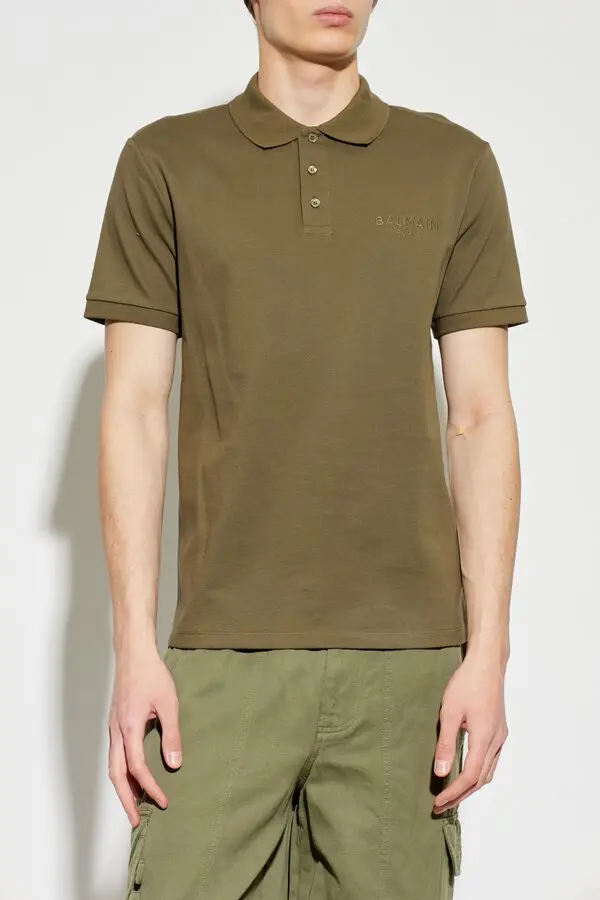 Balmain Cotton Polo Shirt With Embroidered Logo - Green