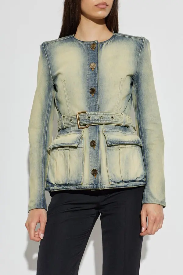 Balmain Belted Denim Blazer - Blue