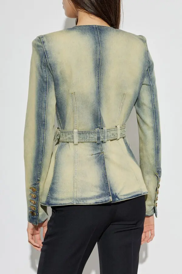 Balmain Belted Denim Blazer - Blue