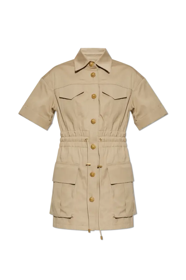 Balmain Short Cotton Dress With Button Detail And Drawstring Waist - Beige