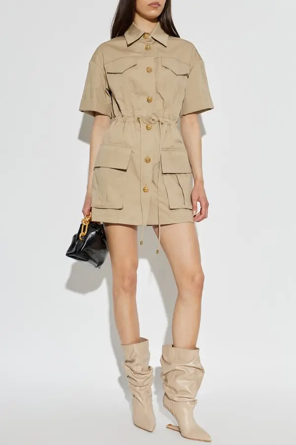 Balmain Short Cotton Dress With Button Detail And Drawstring Waist