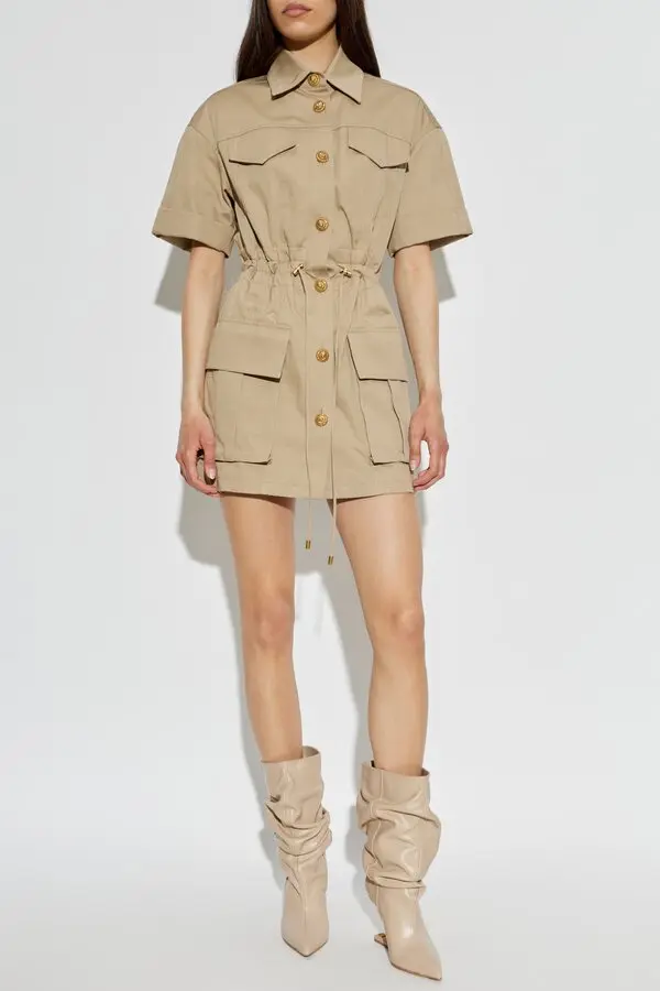 Balmain Short Cotton Dress With Button Detail And Drawstring Waist