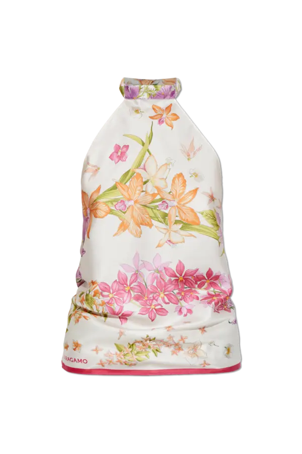 FERRAGAMO Silk Halter Top With Floral Print And Open Back - Pink