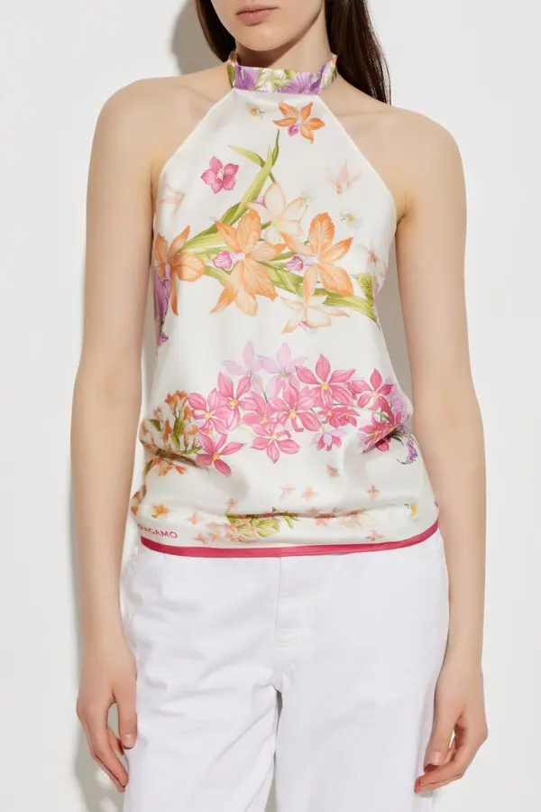 FERRAGAMO Silk Halter Top With Floral Print And Open Back - Pink