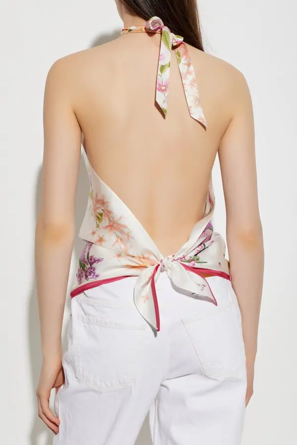 FERRAGAMO Silk Halter Top With Floral Print And Open Back - Pink