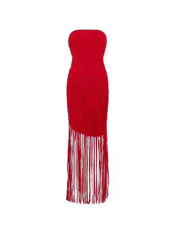 Cult Gaia Strapless Asymmetric Fringe Trim Dress - Red