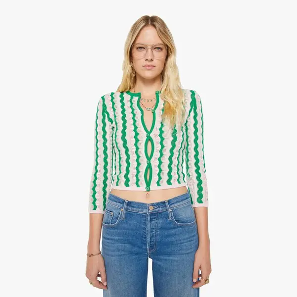 MOTHER The Crew Neck Cardigan Pointelle - Green