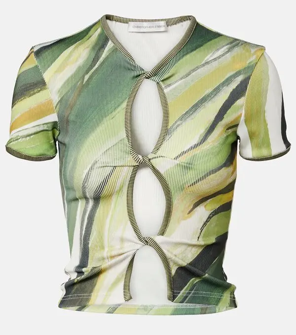 Christopher Esber Printed Ribbed-knit Jersey Top With Cut-out Detail - Green