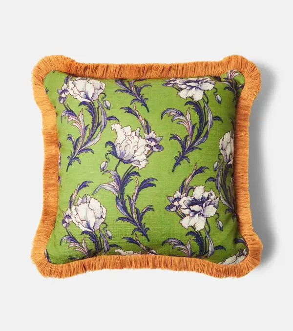La DoubleJ Nymph Bloom Floral Fringed Cushion - Green