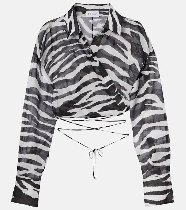Attico Zebra-print Cotton Muslin Wrap Top - Black
