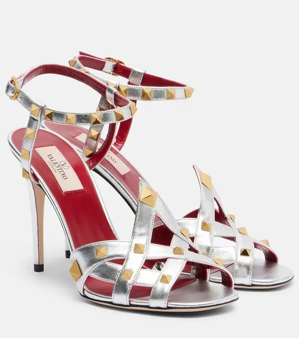 Valentino Garavani Rockstud Metallic Leather Sandals - Silver
