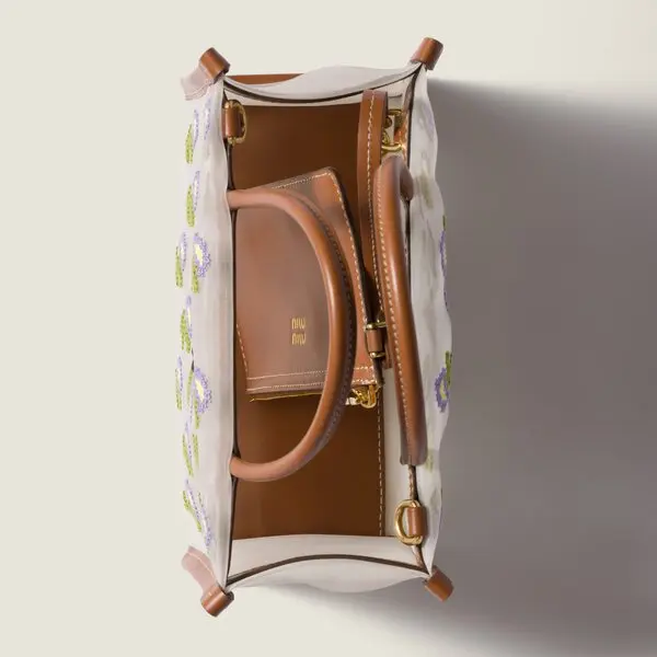 Miu Miu Embroidered Mesh Top Handle Bag - Cognac