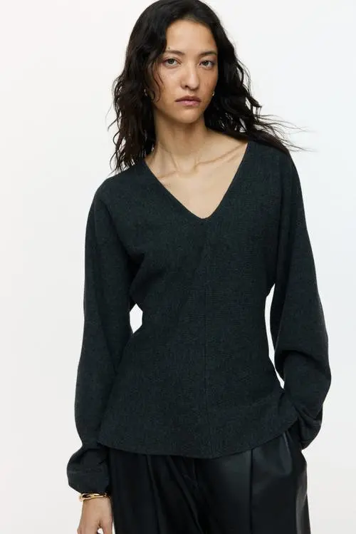 H&m Knitted V-neck Top With Dolman Sleeves - Dark Gray