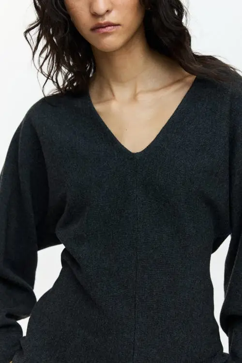 H&m Knitted V-neck Top With Dolman Sleeves - Dark Gray