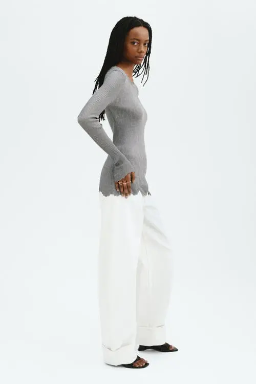 H&m Ribbed Viscose Top With Glitter Threads And Scalloped Trim