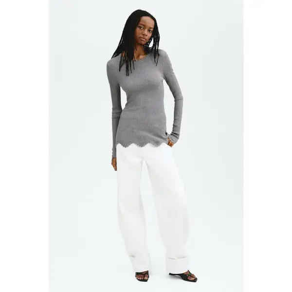 H&m Ribbed Viscose Top With Glittery Threads And Scalloped Trim - Gray