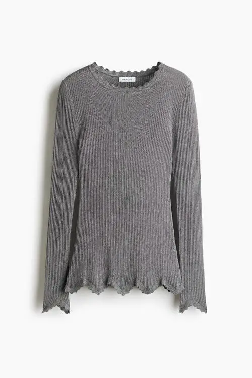 H&m Ribbed Viscose Top With Glittery Threads And Scalloped Trim