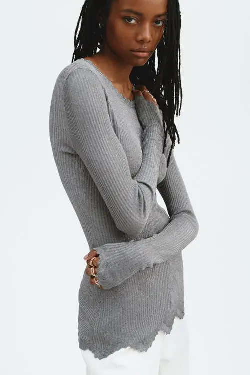 H&m Ribbed Viscose Top With Glittery Threads And Scalloped Trim