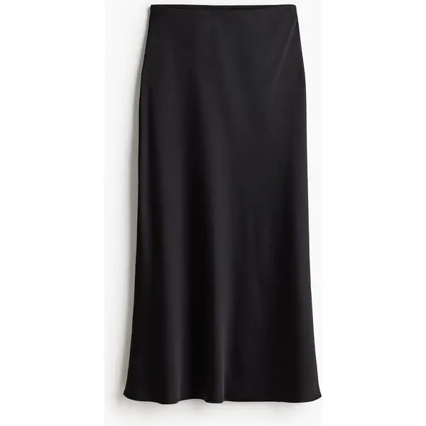 H&m Midi Skirt In Satin With High Waist And Gentle Flare - Black