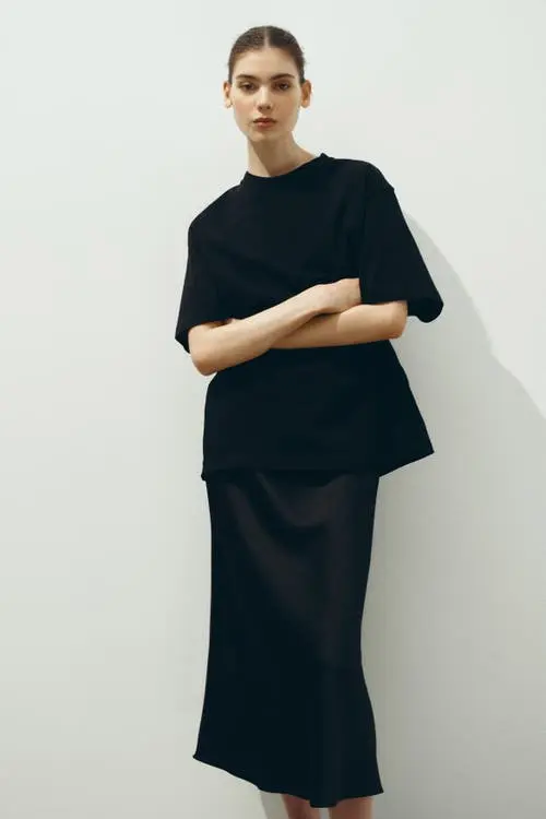 H&m Midi Skirt In Satin With High Waist And Gentle Flare - Black