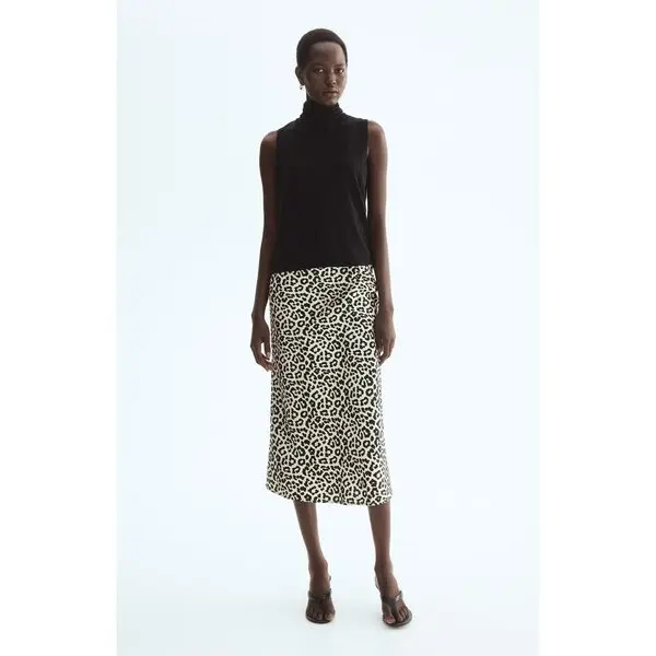 H&M Midi Skirt In Draped Woven Fabric - Cream/leopard Print