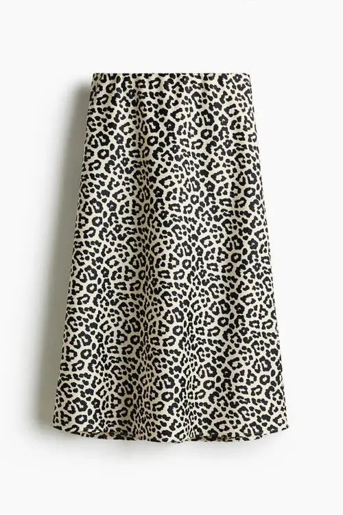 H&M Midi Skirt In Draped Woven Fabric - Cream/leopard Print