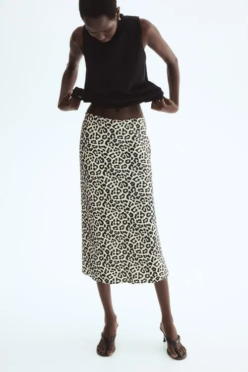 H&M Midi Skirt In Draped Woven Fabric - Cream/leopard Print