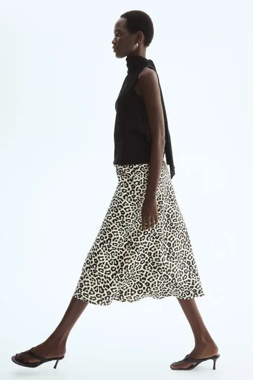 H&M Midi Skirt In Draped Woven Fabric - Cream/leopard Print