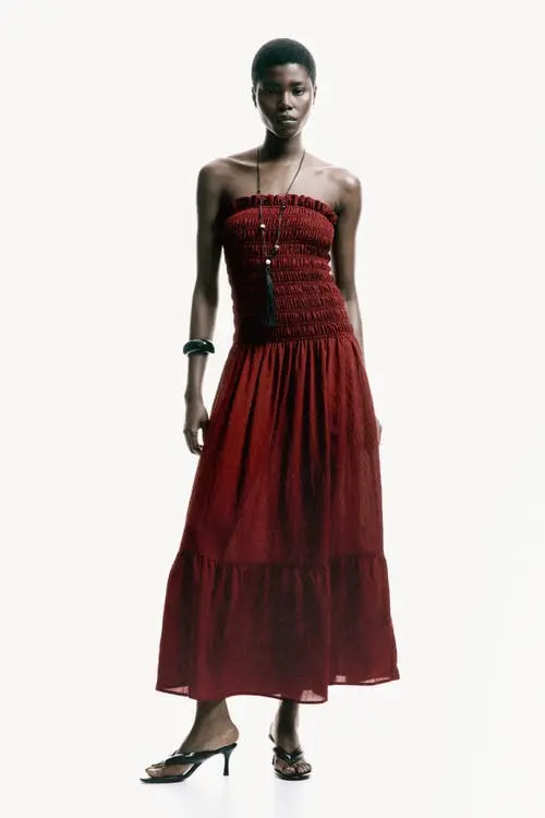 H&m Smocked Bandeau Maxi Dress - Dark Red