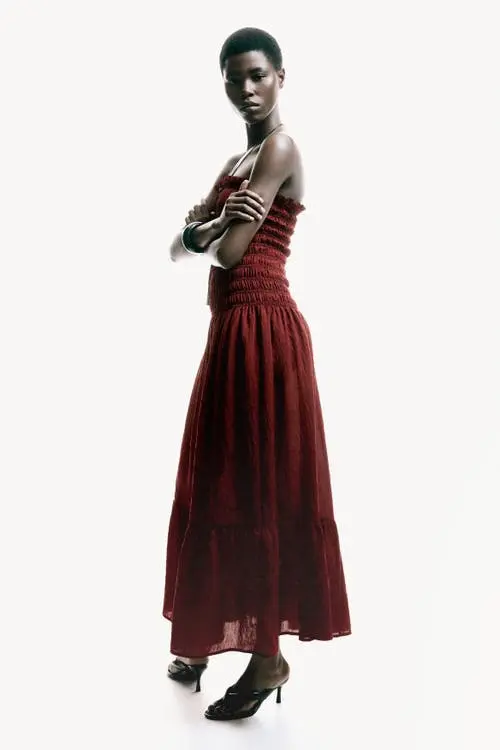 H&m Smocked Bandeau Maxi Dress - Dark Red