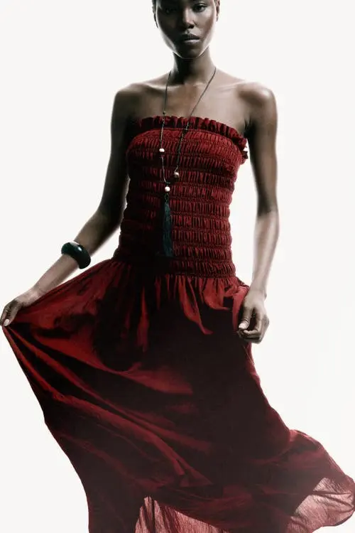 H&m Smocked Bandeau Maxi Dress - Dark Red