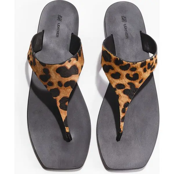 H&m Leather Thong Sandals With Leopard Print Detail - Beige/faux Leopard