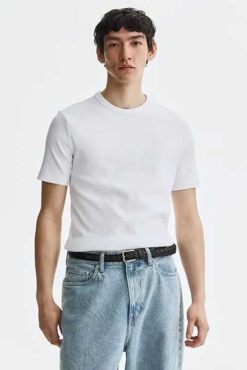 H&M Slim Fit Ribbed T-shirt - White