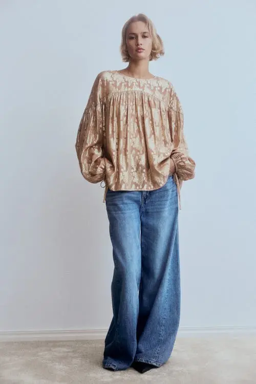 H&m Oversized Jacquard-weave Blouse With Voluminous Sleeves