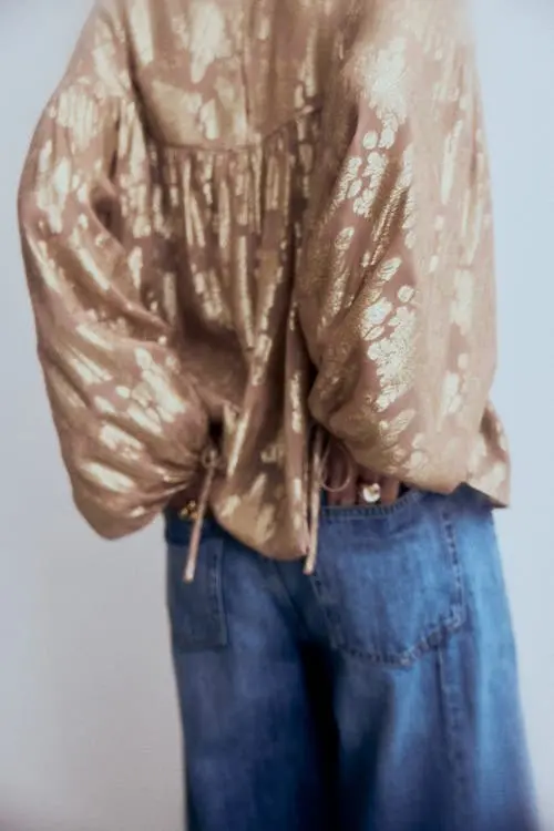 H&m Oversized Jacquard-weave Blouse With Voluminous Sleeves