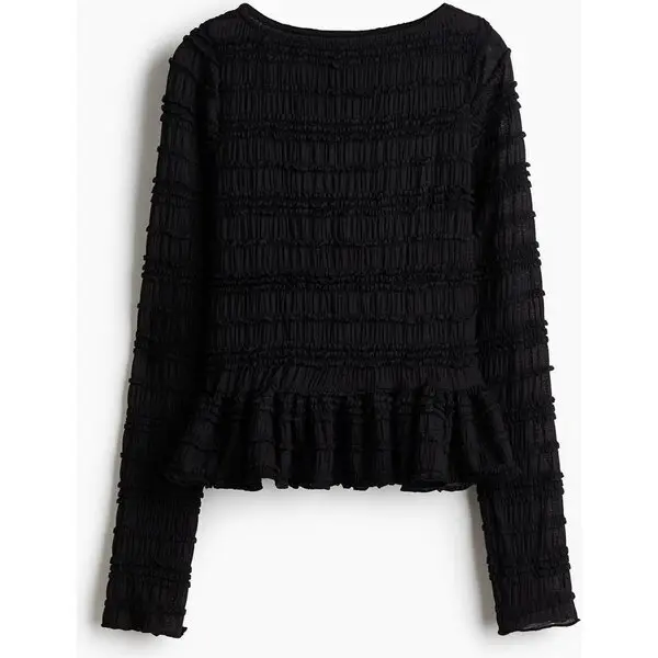 H&m Smocked Peplum Top With Frill Trims - Black