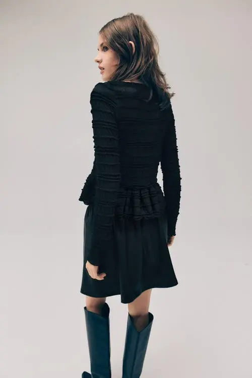 H&m Smocked Peplum Top With Frill Trims - Black
