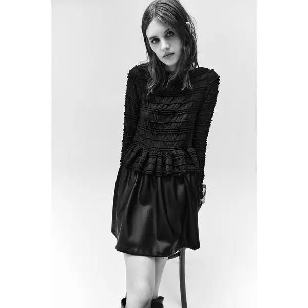H&m Smocked Long-sleeve Peplum Top With Frill Trims - Black