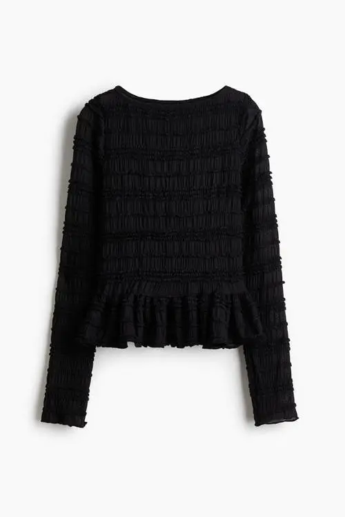 H&m Smocked Long-sleeve Peplum Top With Frill Trims - Black
