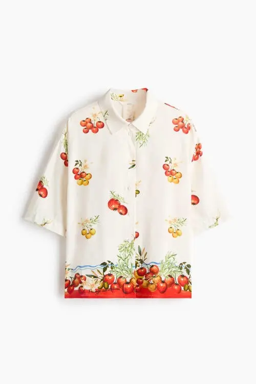 H&m Oversized Printed Linen-blend Shirt - Cream/tomatoes